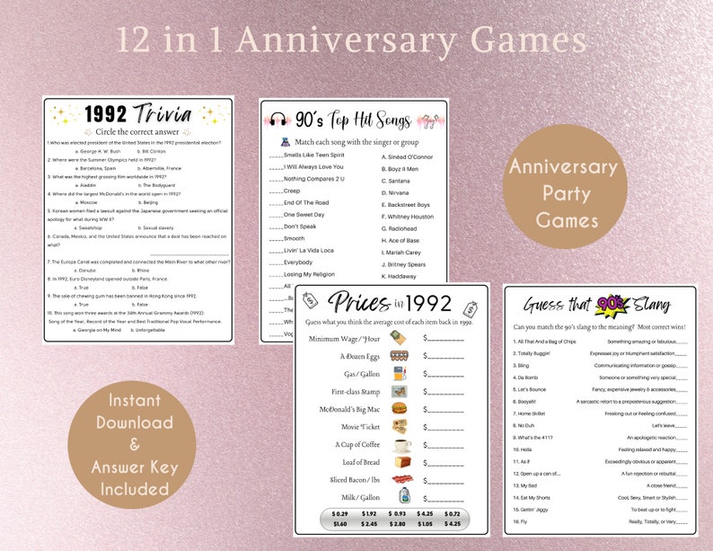 1992 32nd Anniversary Games Bundle Printable 1992 Anniversary Couple ...