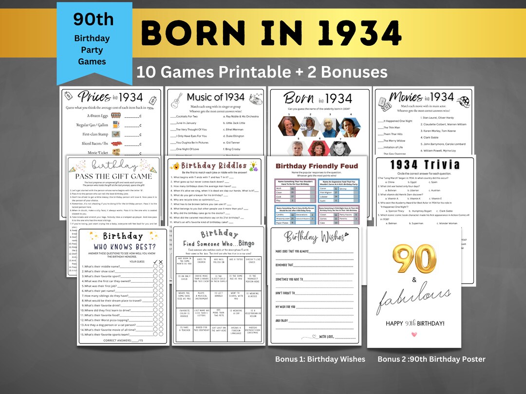 Born in 1934 Games Bundle, 90th Party Games Printable, Fun 90th ...