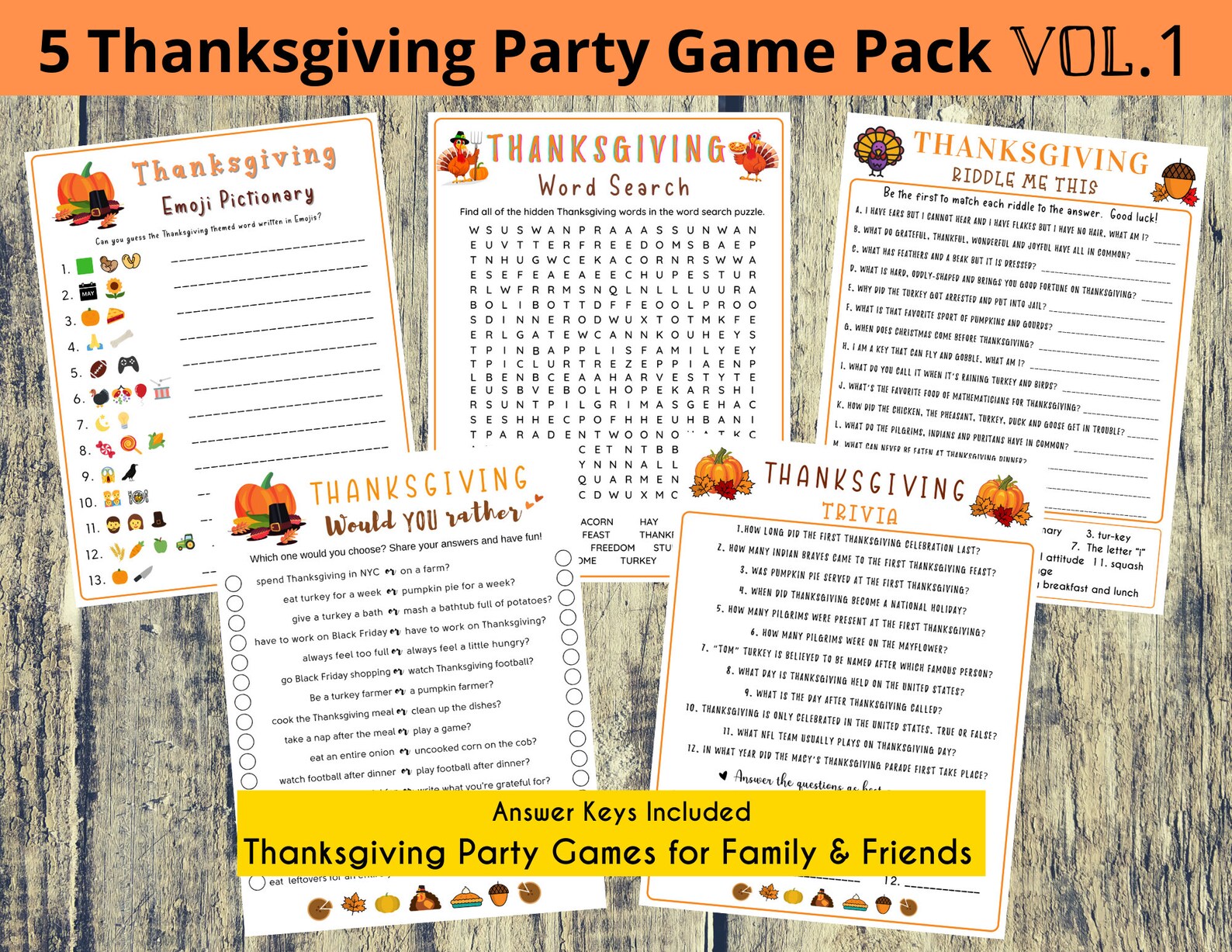5 Thanksgiving Game Bundle Vol.1, Thanksgiving Printable Games ...