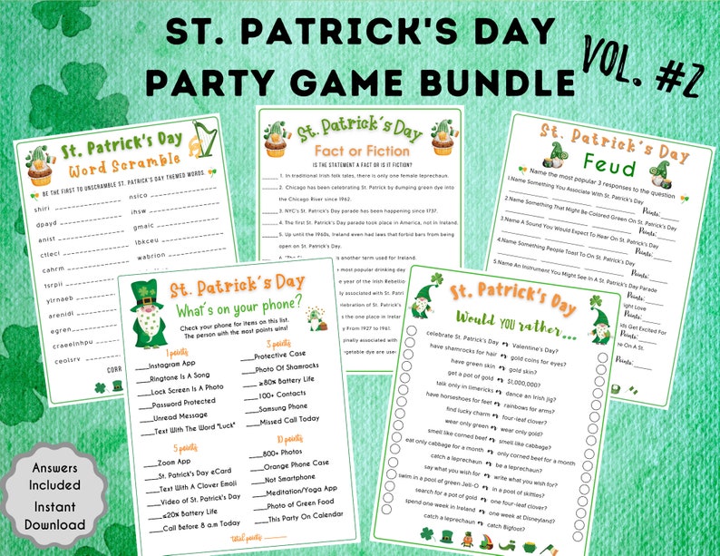St. Patrick's Day Game Bundle Vol.2 , Printable Family Games, Saint ...
