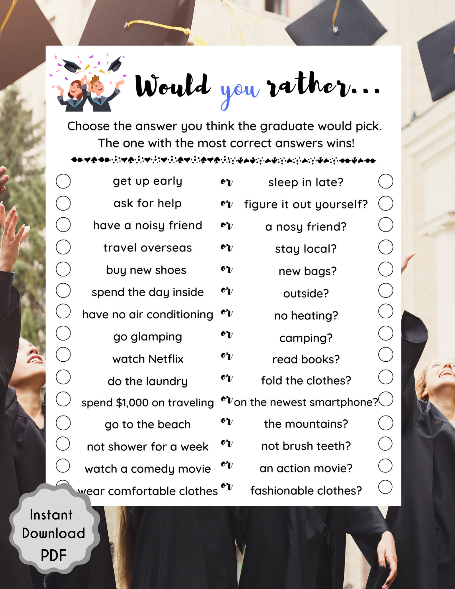 2023 Graduation Party Game Would You Rather Party Game Graduation Party ...