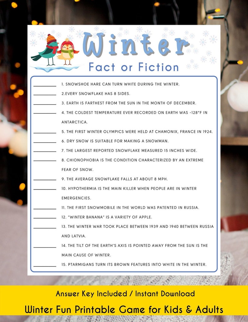 Winter Fact or Fiction Printable Game Winter Office Party Game Winter ...