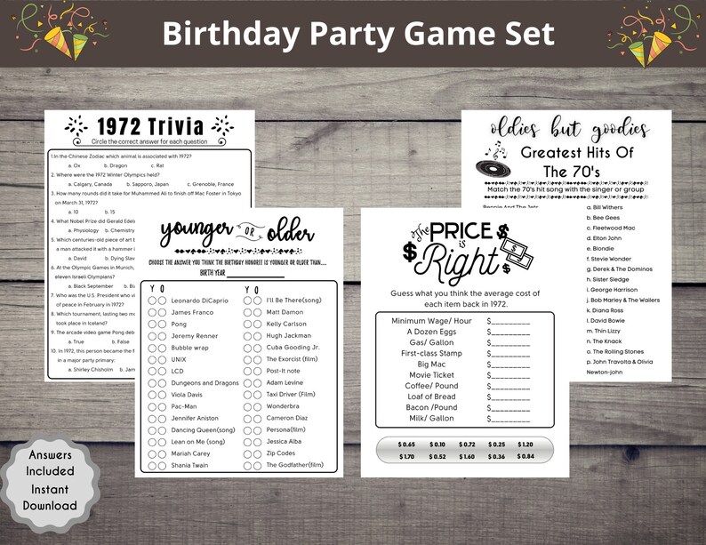52nd Birthday Games Bundle Printable 1972 Games 52nd Party Activities ...