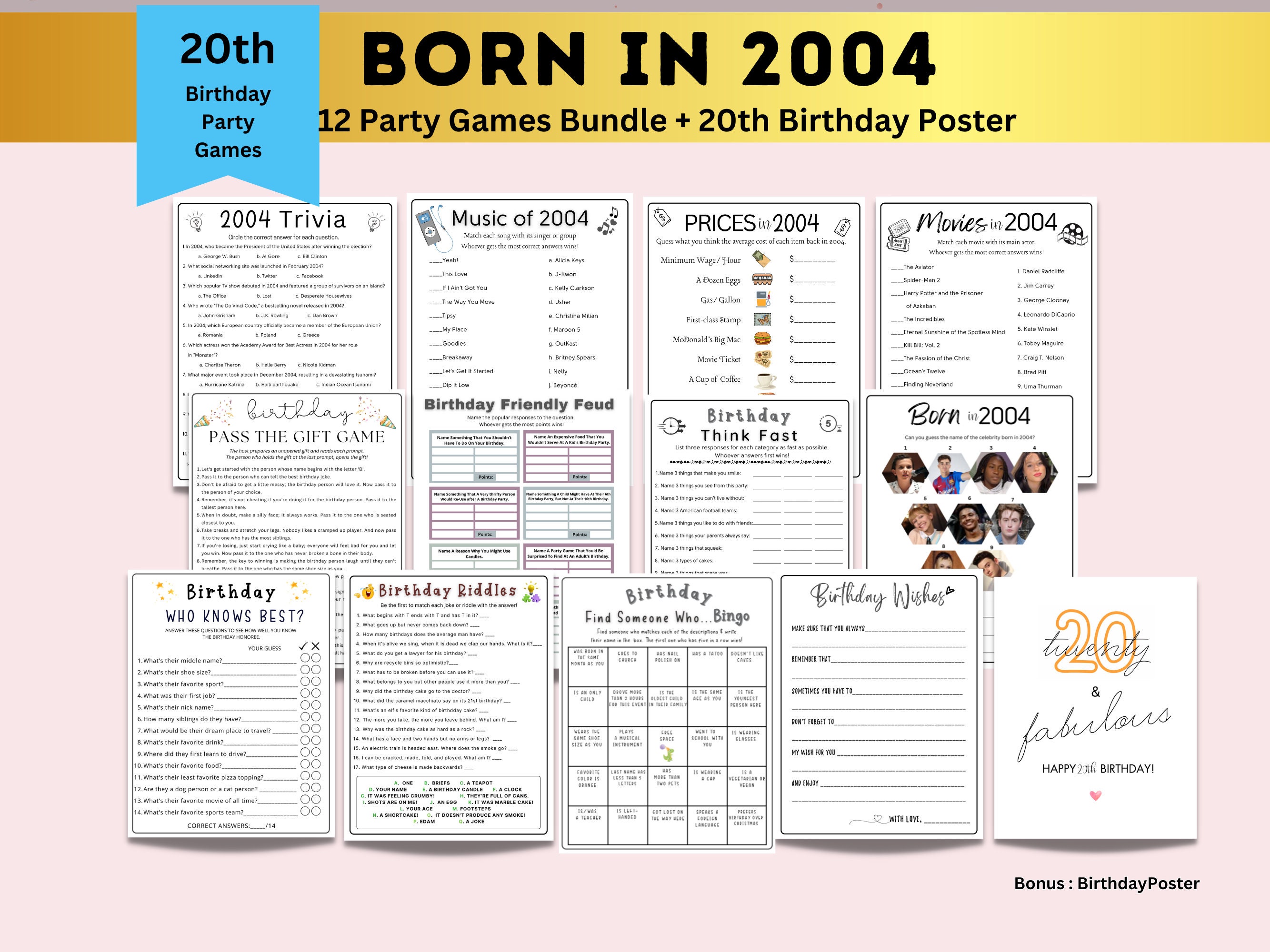 Ultimate Born in 2004 Games Bundle Printable, 20th Birthday Games, Fun ...