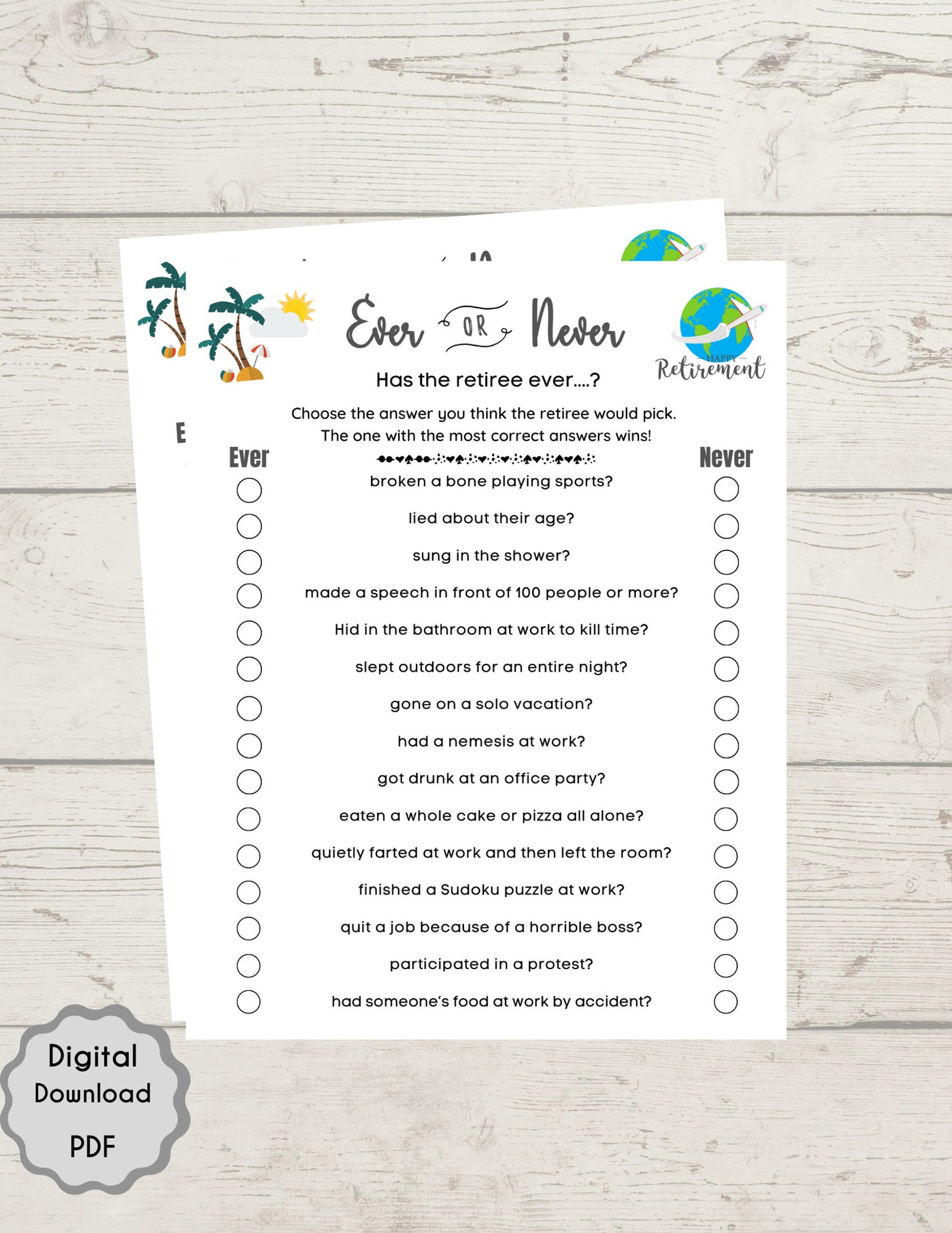 Retirement Party Game: Ever or Never Game (PDF) - Etsy