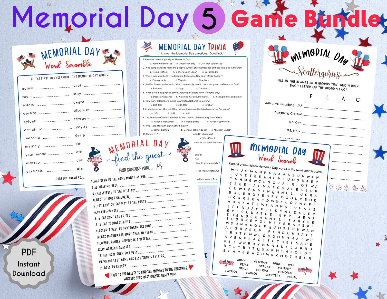 Memorial Day Trivia Game Bundle for Kids & Adults Memorial Day Party ...