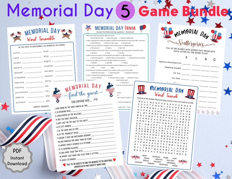 Memorial Day Trivia Game Bundle for Kids & Adults Memorial Day Party ...