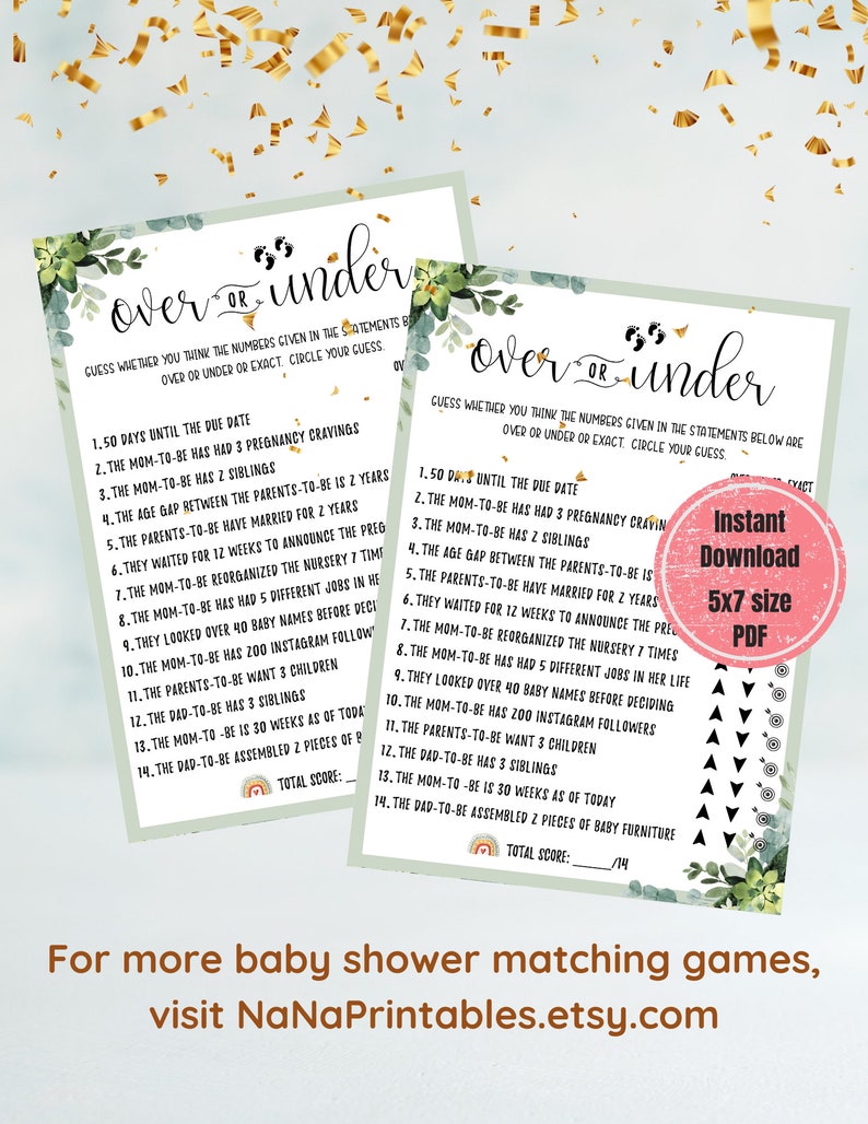 Over or Under Baby Shower Game: Fun Printable Quiz (digital Download ...