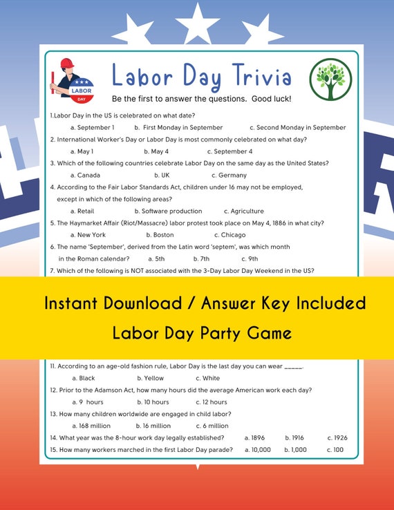 Labor Day Trivia Game America Trivia Quiz Labor Day Worker - Etsy