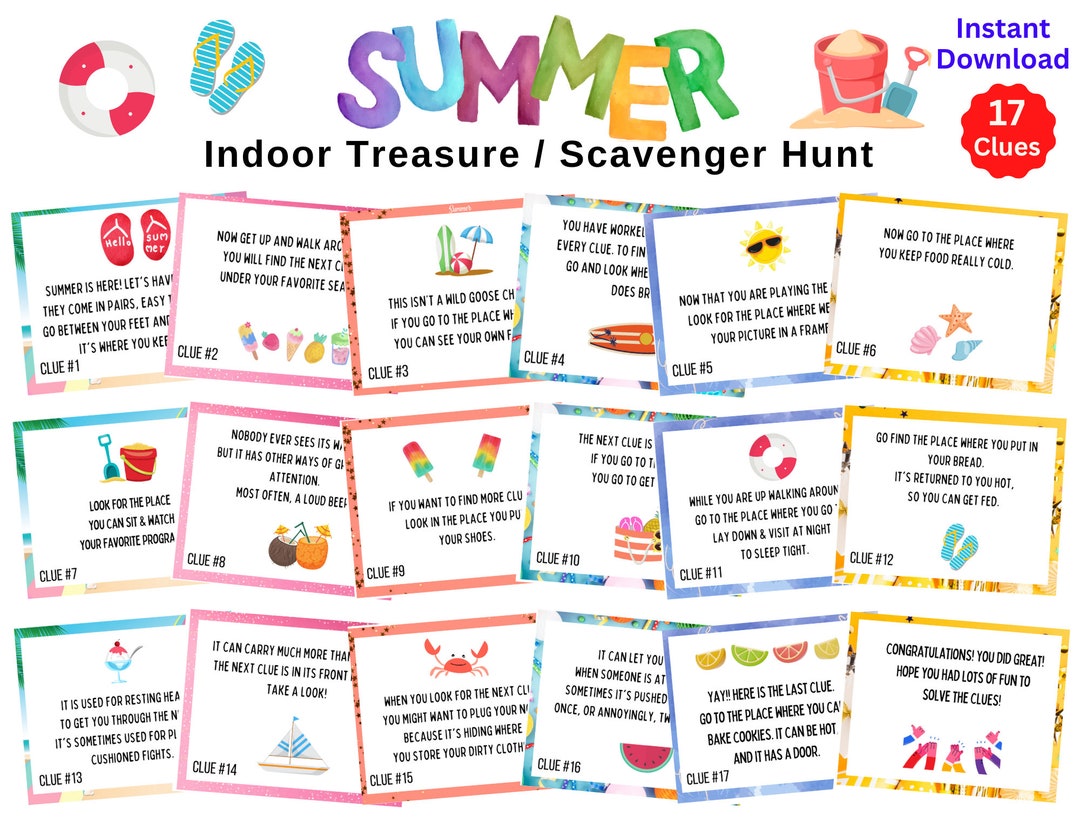Indoor Summer Fun Scavenger Treasure Hunt for Kids, Indoor Scavenger ...
