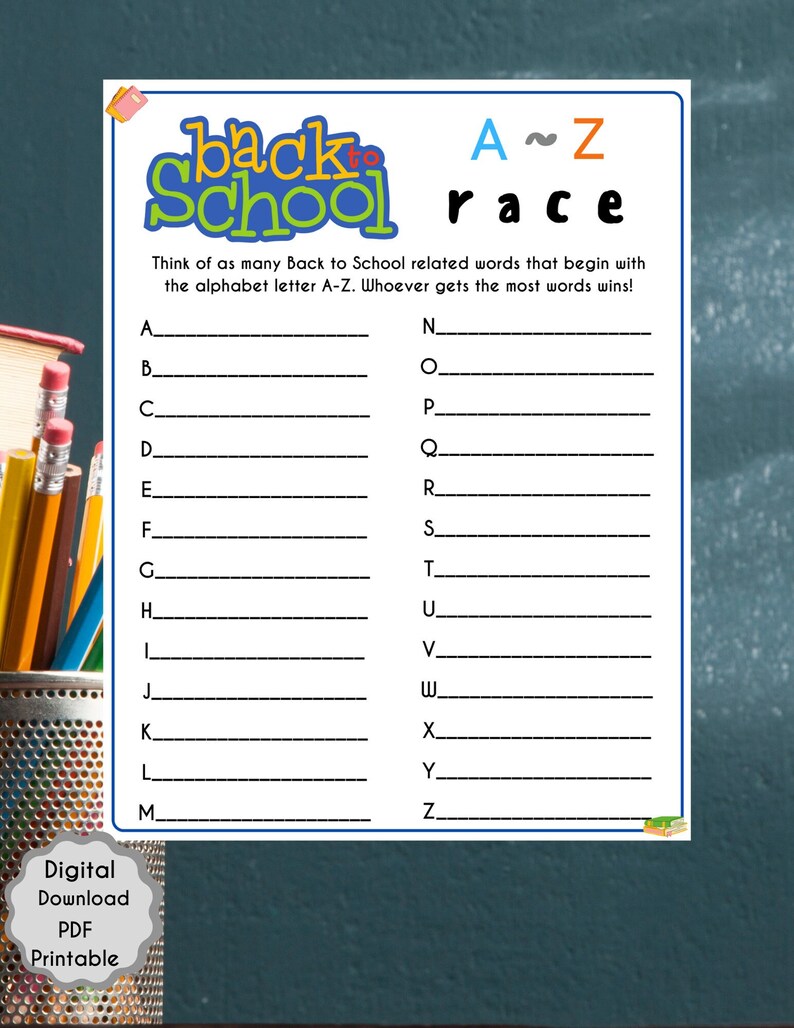 Back to School A to Z Race Printable Game Classroom Activity Game for ...
