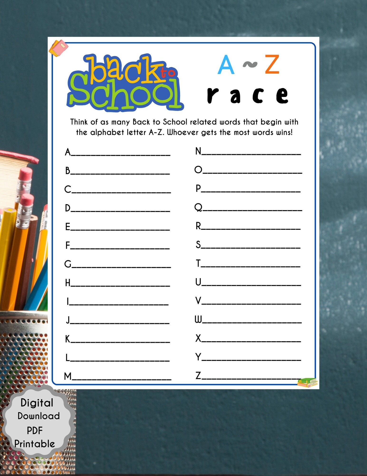 Back to School A to Z Race Printable Game Classroom Activity Game for ...