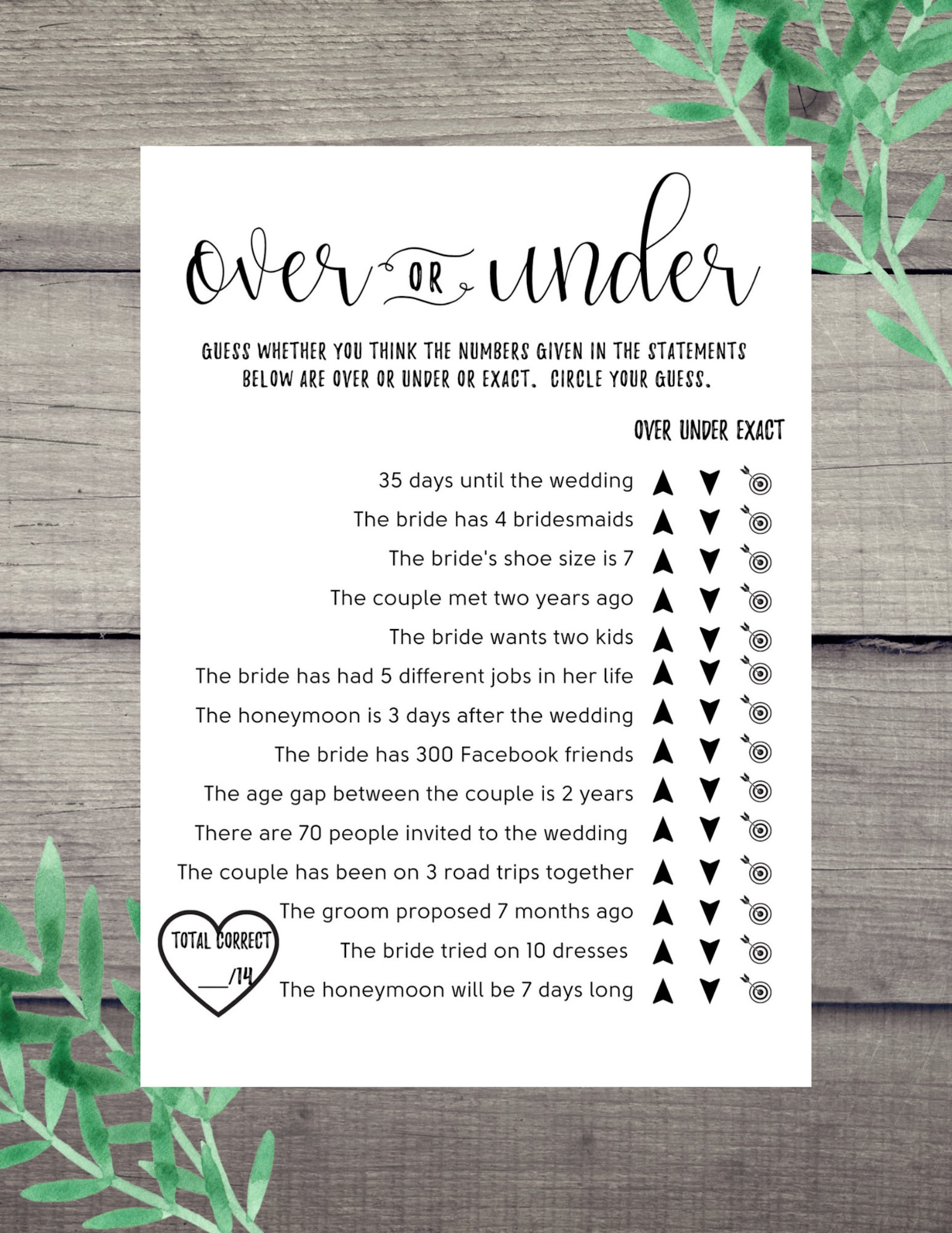Over Or Under Bridal Shower Game Printable Instant Download Etsy