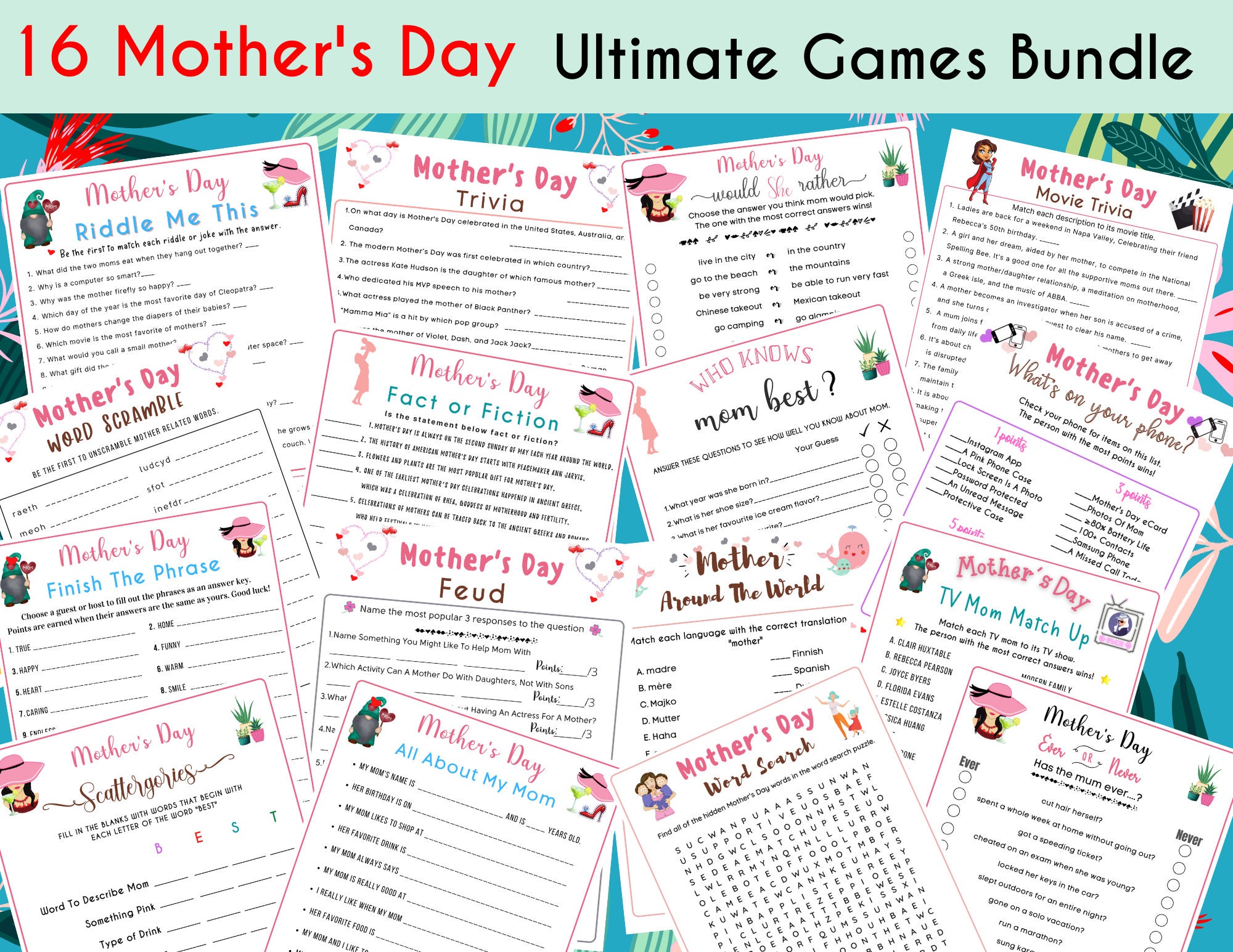 16 in 1 Mother's Day Game Bundle Mother's Day Game for Kids & Adults ...