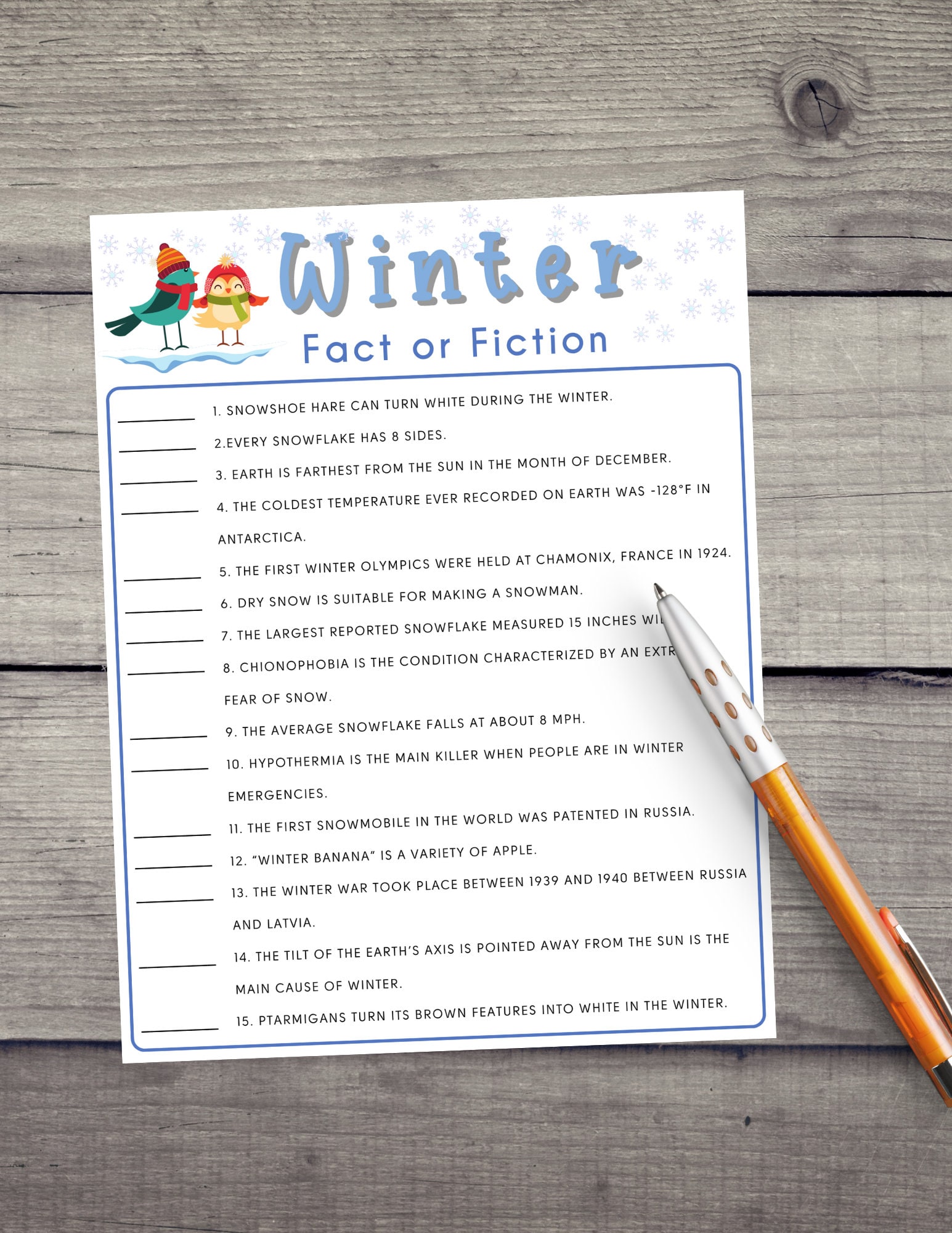 Winter Fact or Fiction Printable Game Winter Office Party Game Winter ...