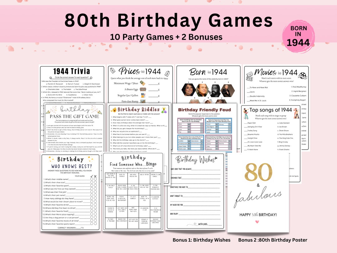 Fun 80th Birthday Games Bundle, Printable Born in 1944 Games, 80th ...