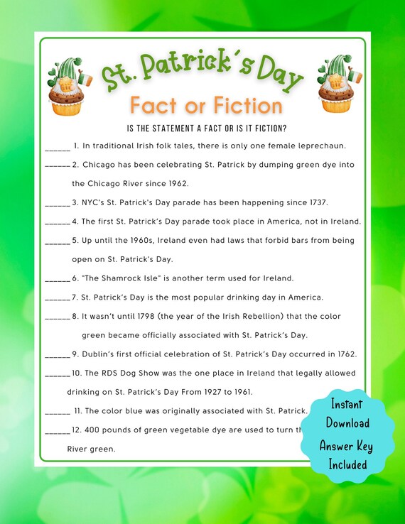St. Patrick's Day Fact or False Game Printable Game | Etsy