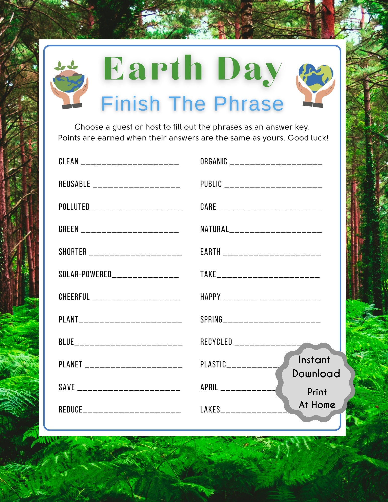 Earth Day Finish the Phrase Game Fun Earth Day Printable Game for Kids ...