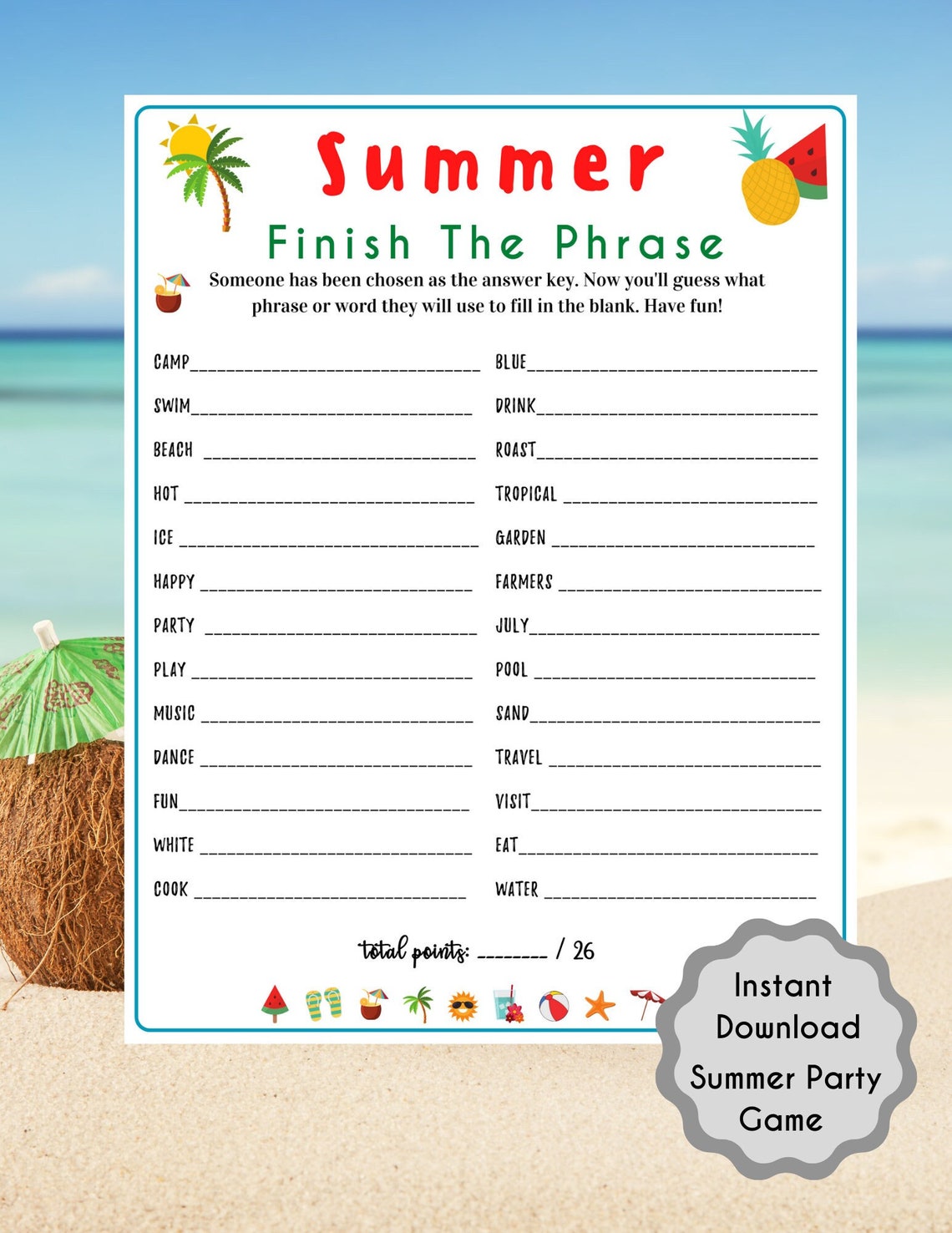 Summer Finish the Phrase Game: Printable Party Icebreaker (digital ...