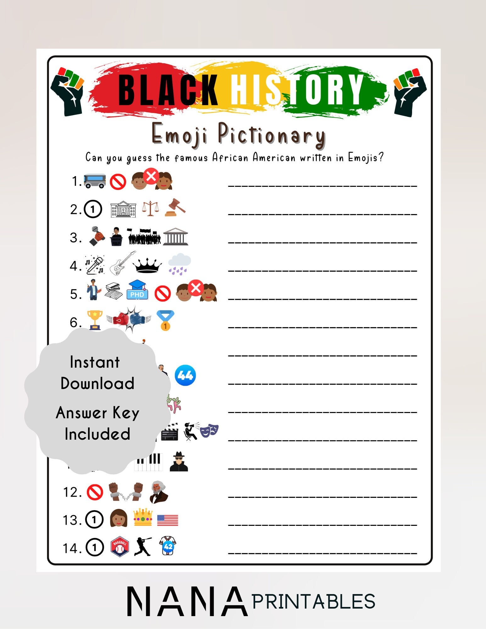 Black History Emoji Pictionary Game: Fun Educational Quiz (printable ...