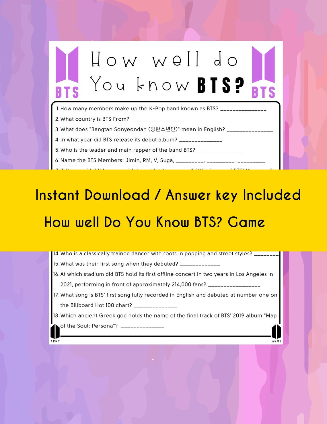 How Well Do You Know BTS Game, Printable Bts Trivia Game, BTS Fans, BTS ...
