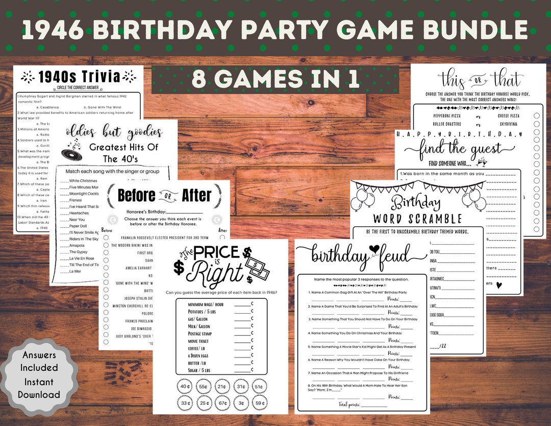 Printable Born in 1946 Birthday Games Bundle 79th Birthday Party Games ...