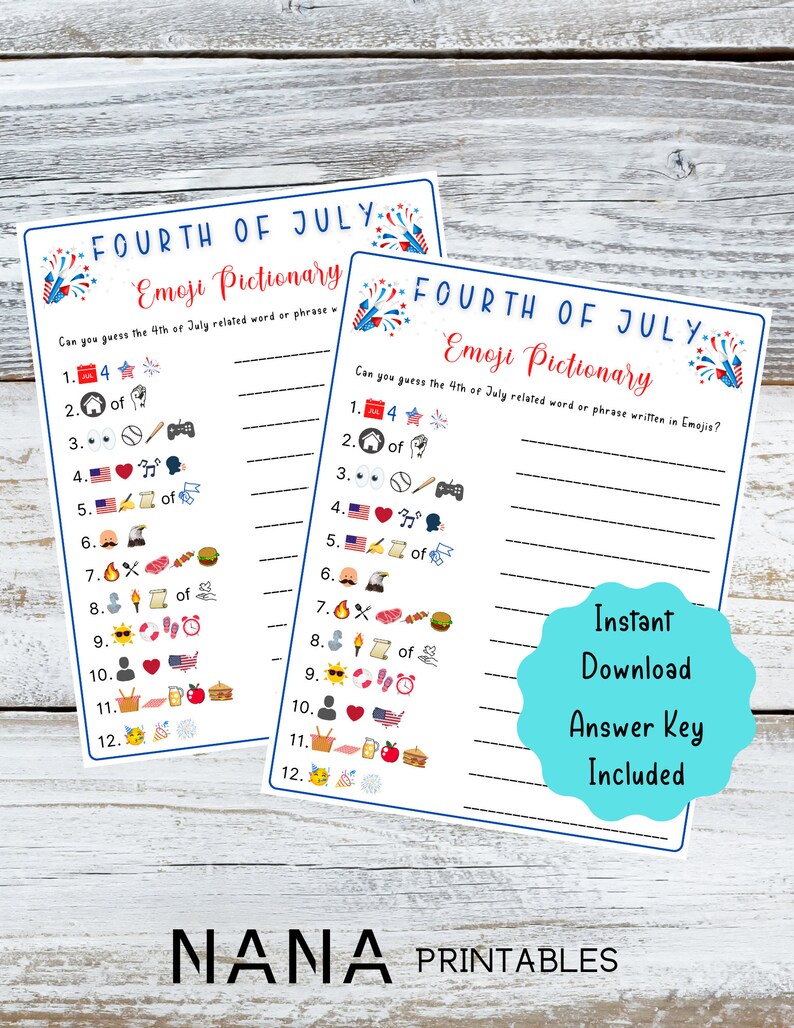 Fourth of July Emoji Pictionary Game: Family Trivia (printable PDF) - Etsy