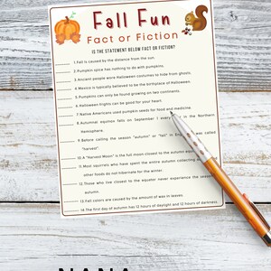 Fall Fun Fact or Fiction Game Autumn Game Party Game Family Activity ...