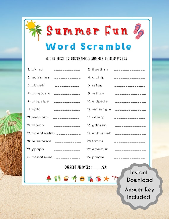 Summer Fun Word Scramble Game Pool Party Summer Party Game - Etsy