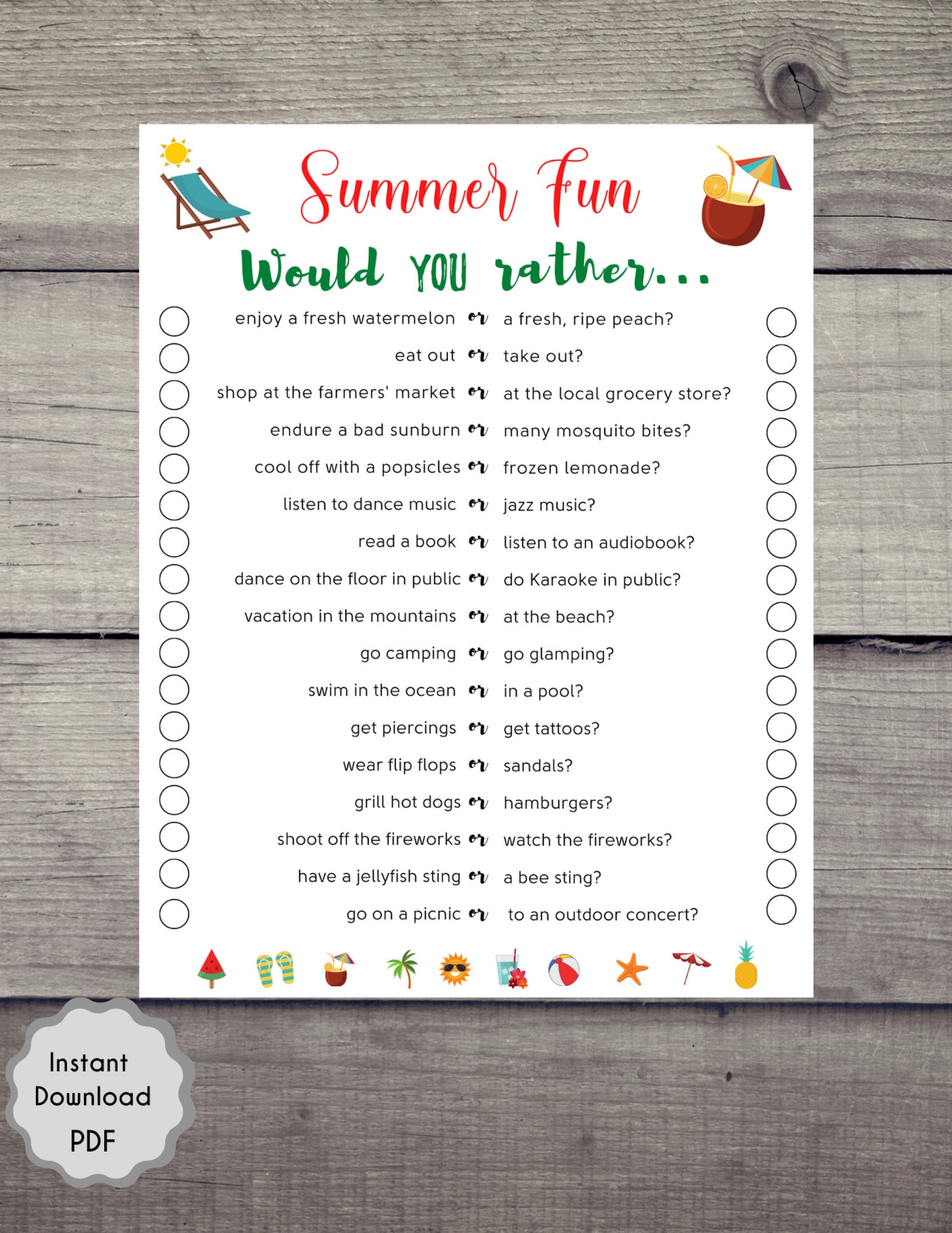 Summer Would You Rather Game Summer Fun Game Summer Party | Etsy