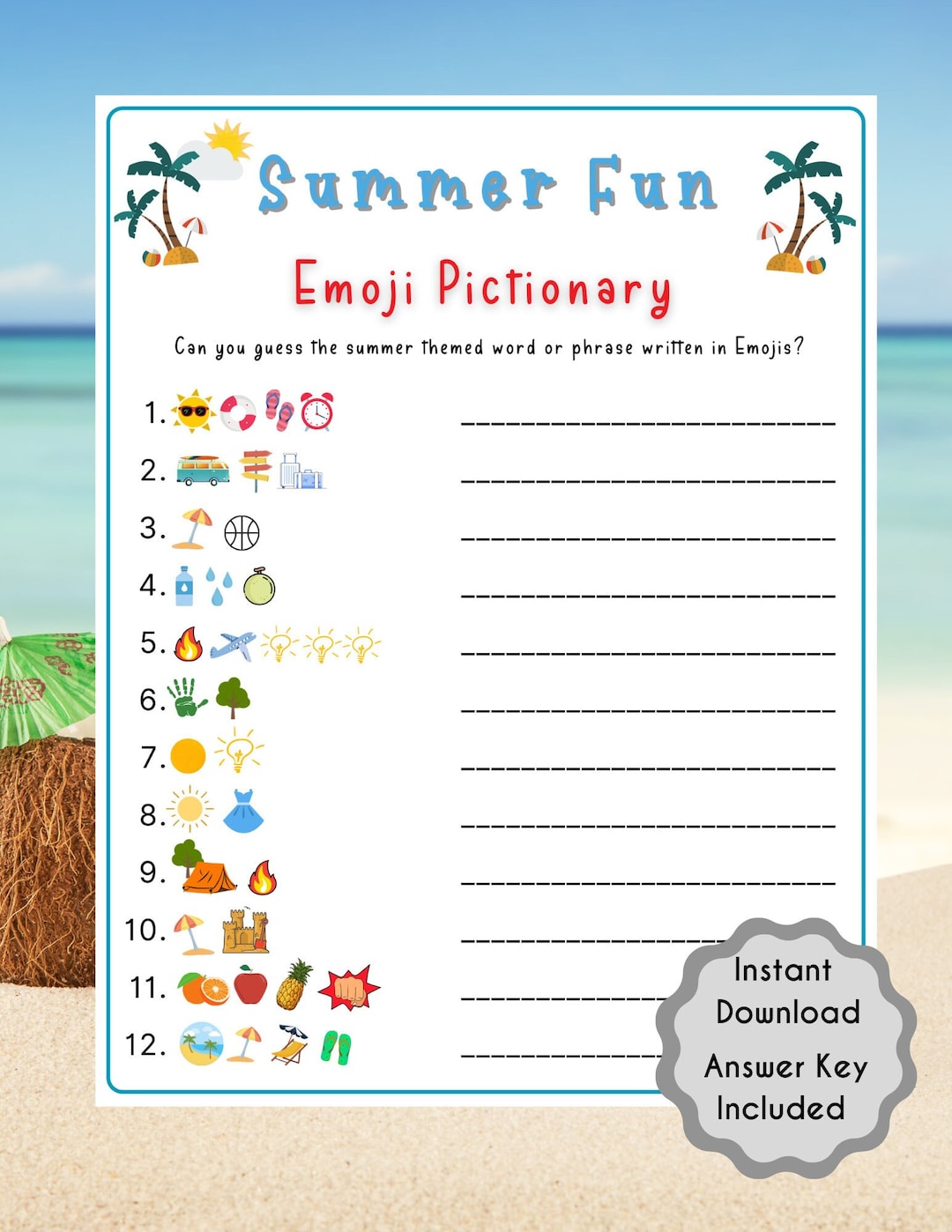 Summer Emoji Pictionary Game | Summer Fun Game | Summer Party Game ...