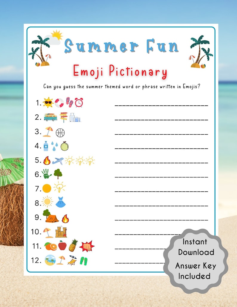 Summer Emoji Pictionary Game Summer Fun Game Summer Party Game ...