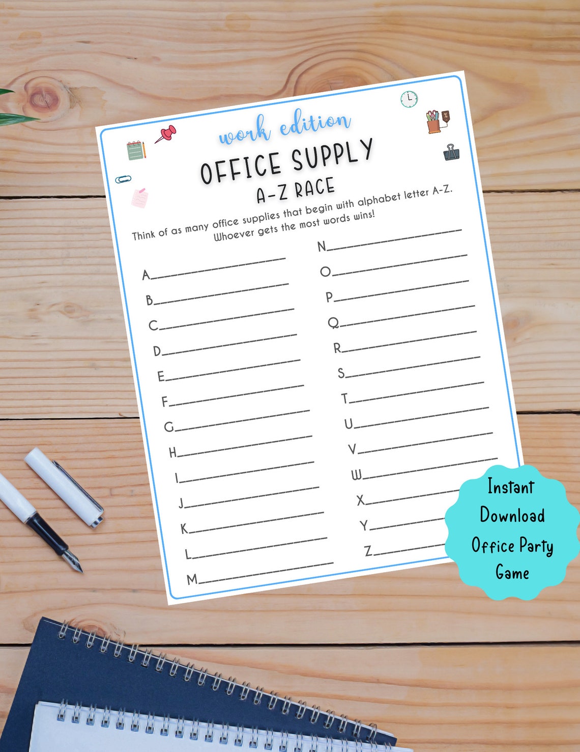 Office Supply A to Z Race Printable Game Office Coworker Staff Game Fun ...