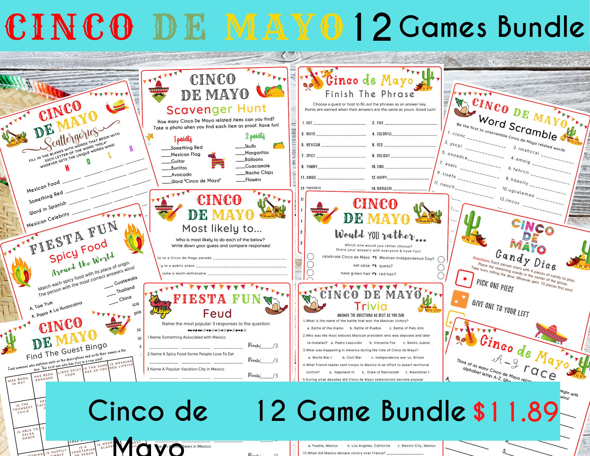 5 Cinco De Mayo Games Bundle L Fun Printable Game Mexican | Etsy