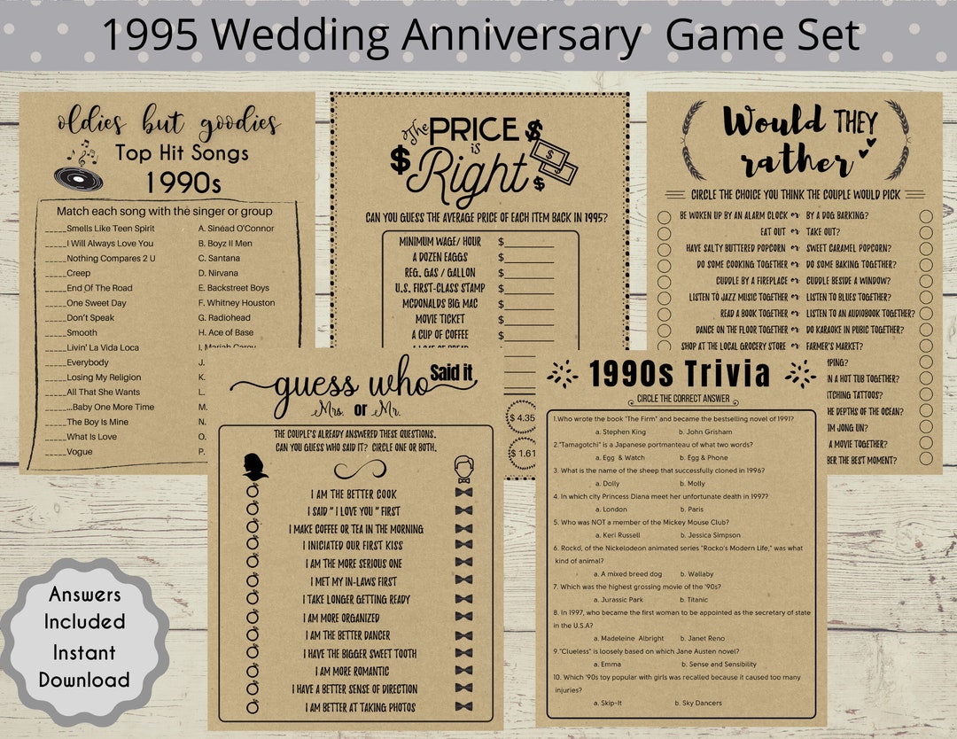 1995 29th Wedding Anniversary Games Bundle Printable 1995 Anniversary ...