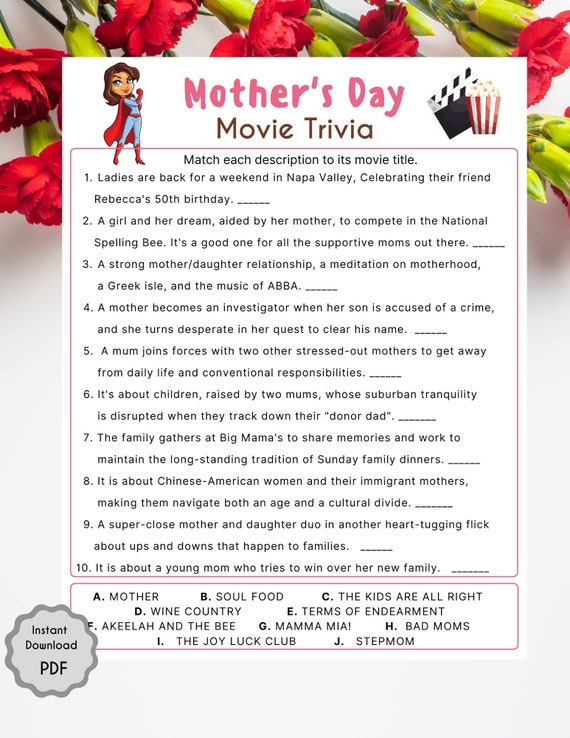 Mother's Day Movie Trivia Game Mother's Day Game for | Etsy