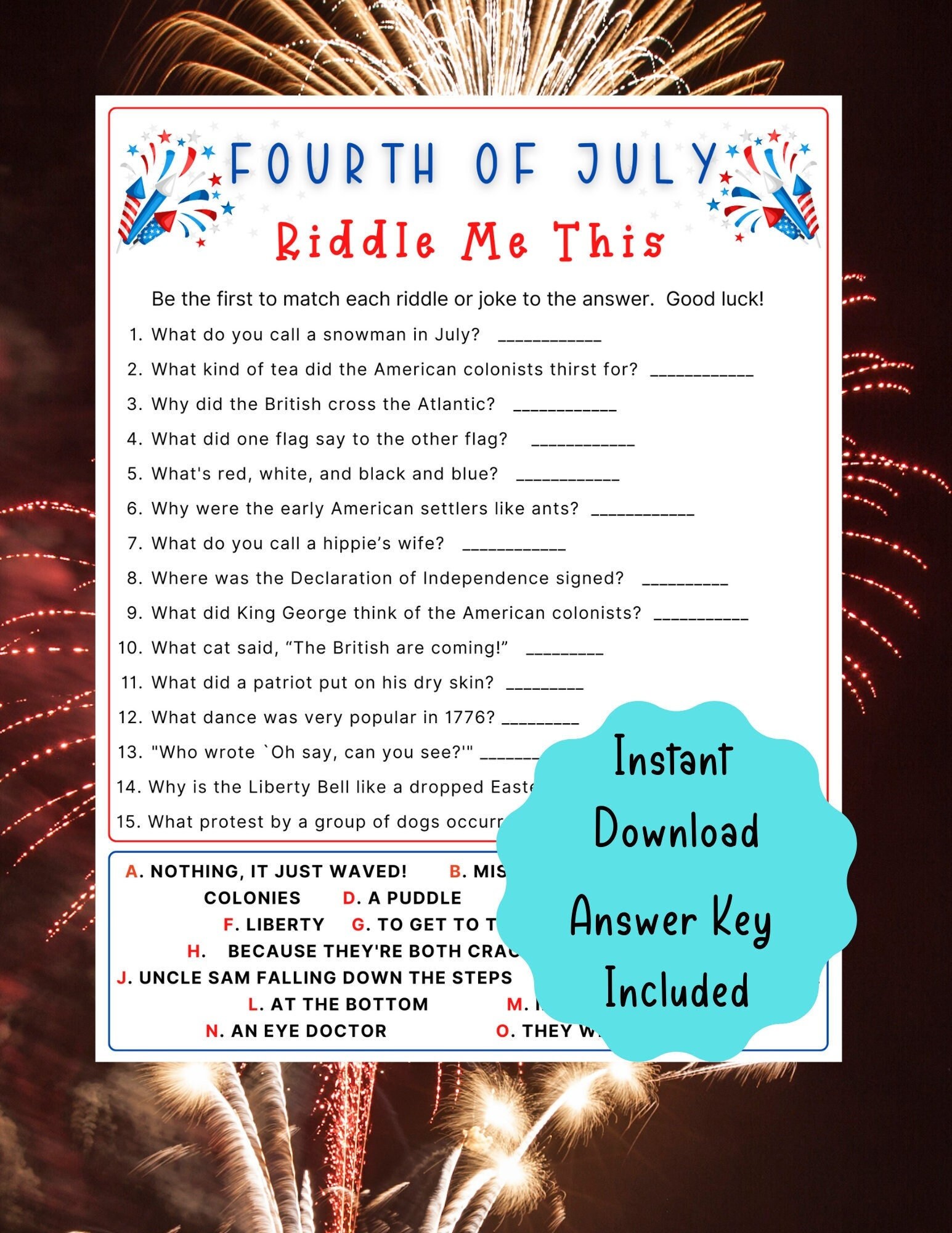 Fourth of July Riddle Me This Game Independence Day Game Fourth of July ...