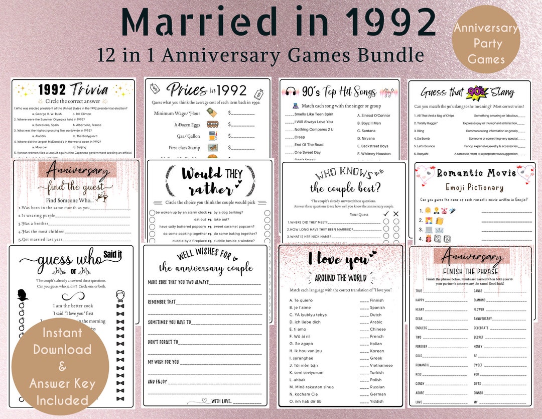 1992 32nd Anniversary Games Bundle Printable 1992 Anniversary Couple ...