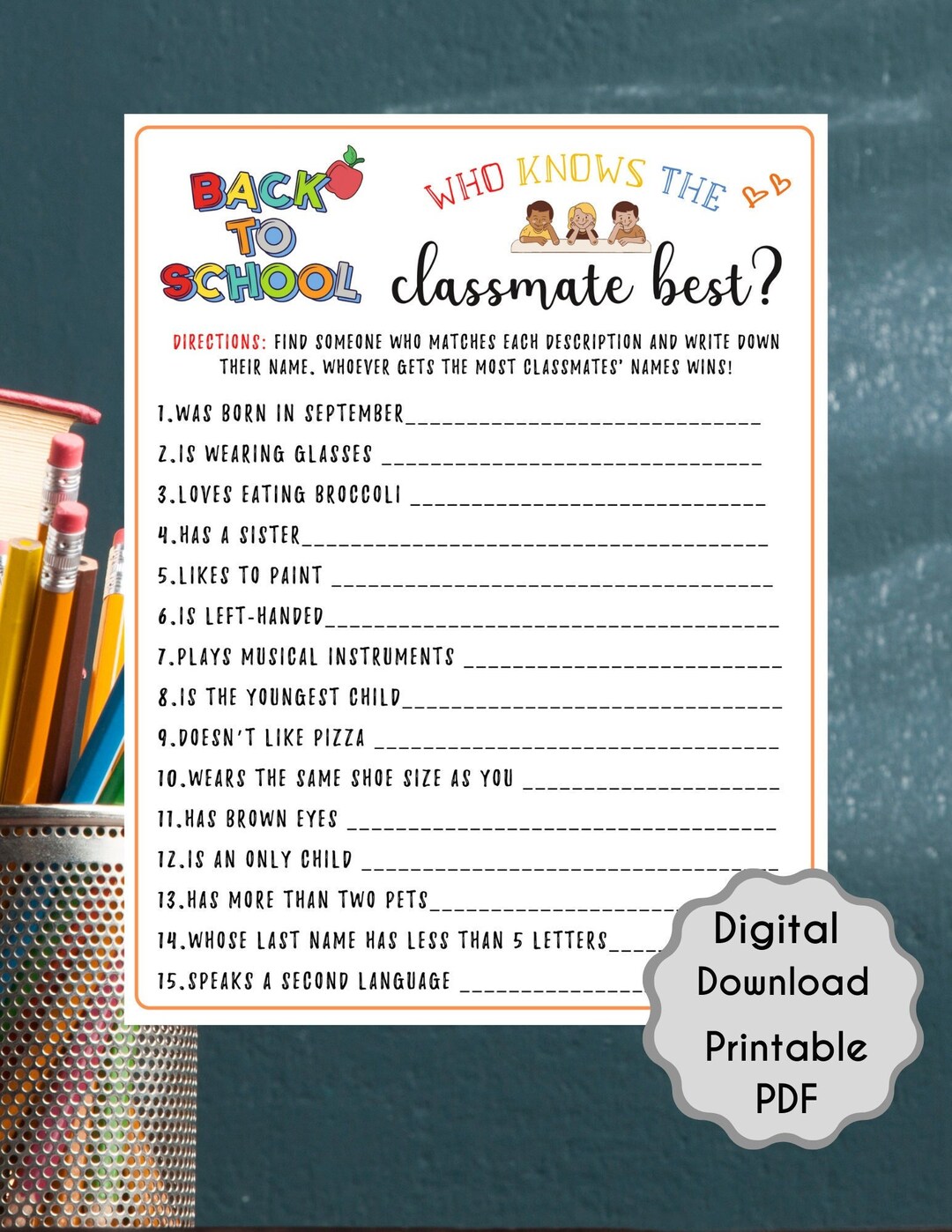 Printable Back to School Who Knows the Classmate Best Game | Classroom ...