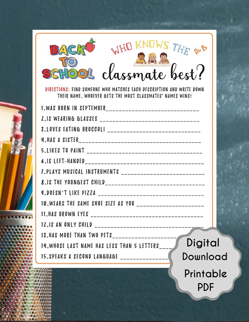 Printable Back to School Who Knows the Classmate Best Game Classroom ...