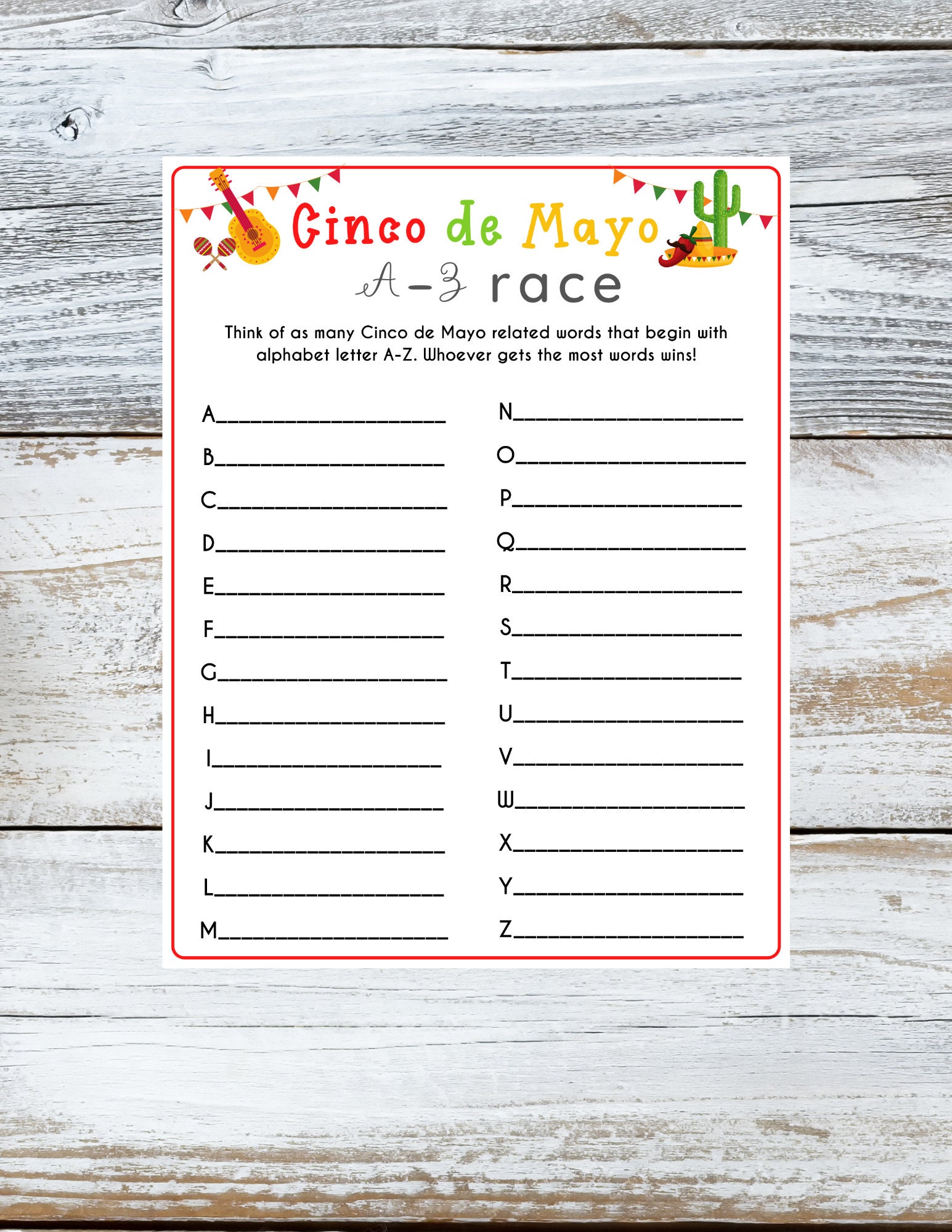 Cinco De Mayo A to Z Race Game L Printable Game Mexican - Etsy