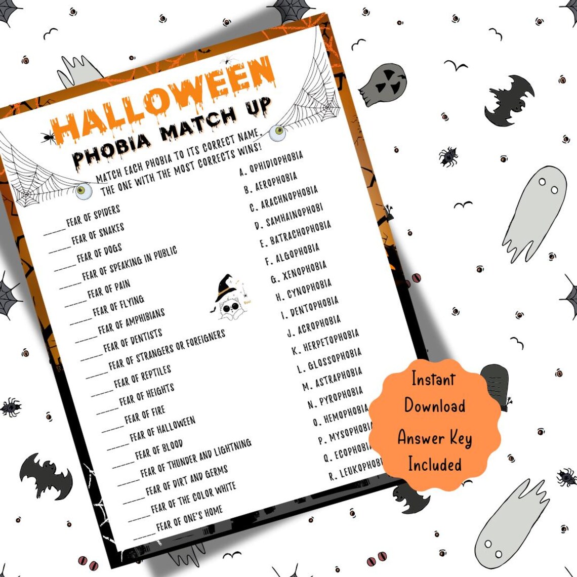Halloween Phobia Match up Game: Printable Trivia Quiz (PDF Download - Etsy