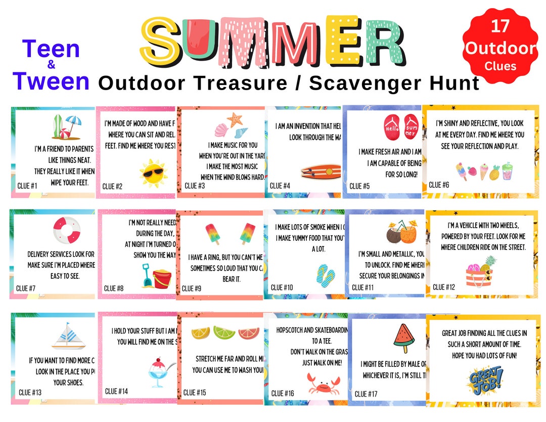 Outdoor Summer Fun Scavenger Treasure Hunt for Kids, Printable Indoor ...
