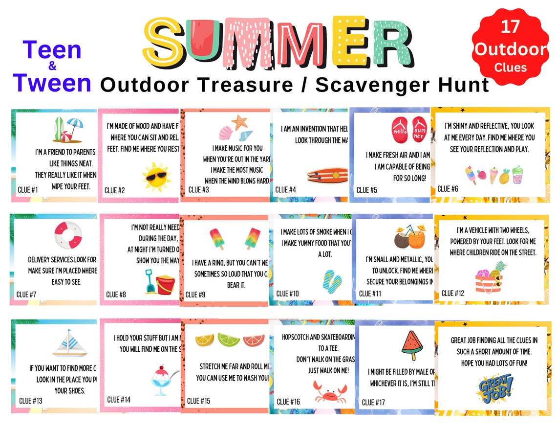 Outdoor Summer Fun Scavenger Treasure Hunt for Kids, Printable Indoor ...