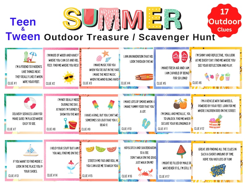 Outdoor Summer Fun Scavenger Treasure Hunt for Kids, Printable Indoor ...