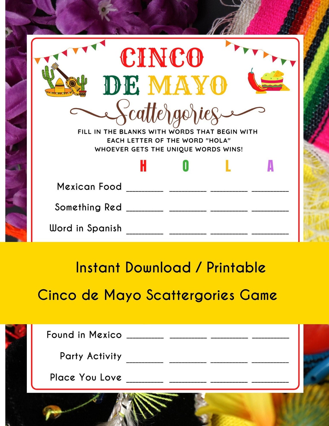Cinco De Mayo Scattergories Game L Printable Game Mexican Fiesta Game ...