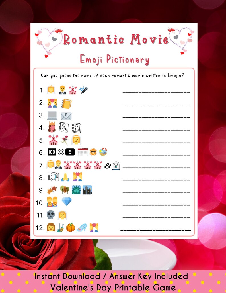Romantic Movie Emoji Game: Bridal Shower, Valentine's Day (PDF) - Etsy