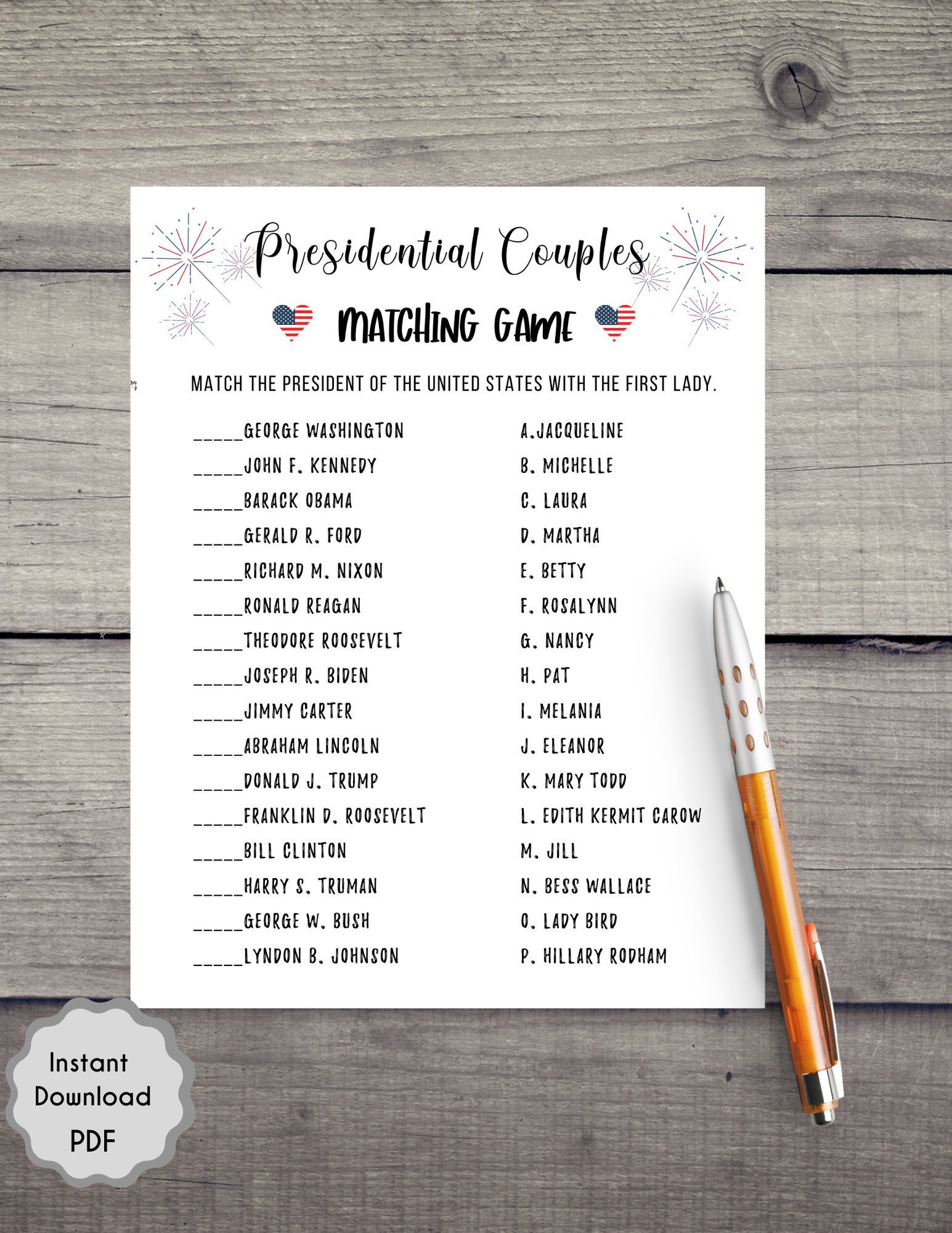 Fourth of July Presidential Couples Matching Game Independence Day Game ...