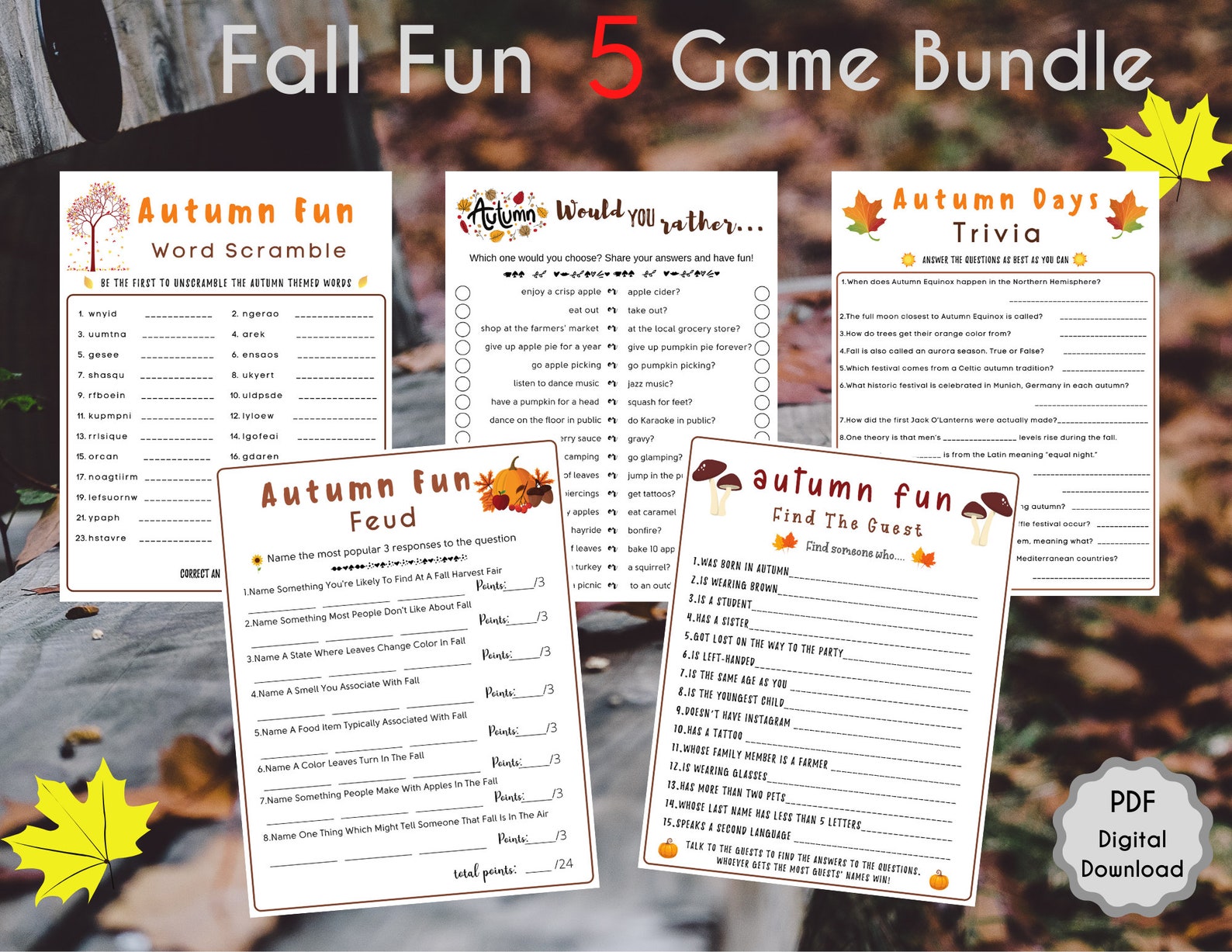 5 Autumn Fun Game Bundle Fall Fun Games Set Fall Party - Etsy