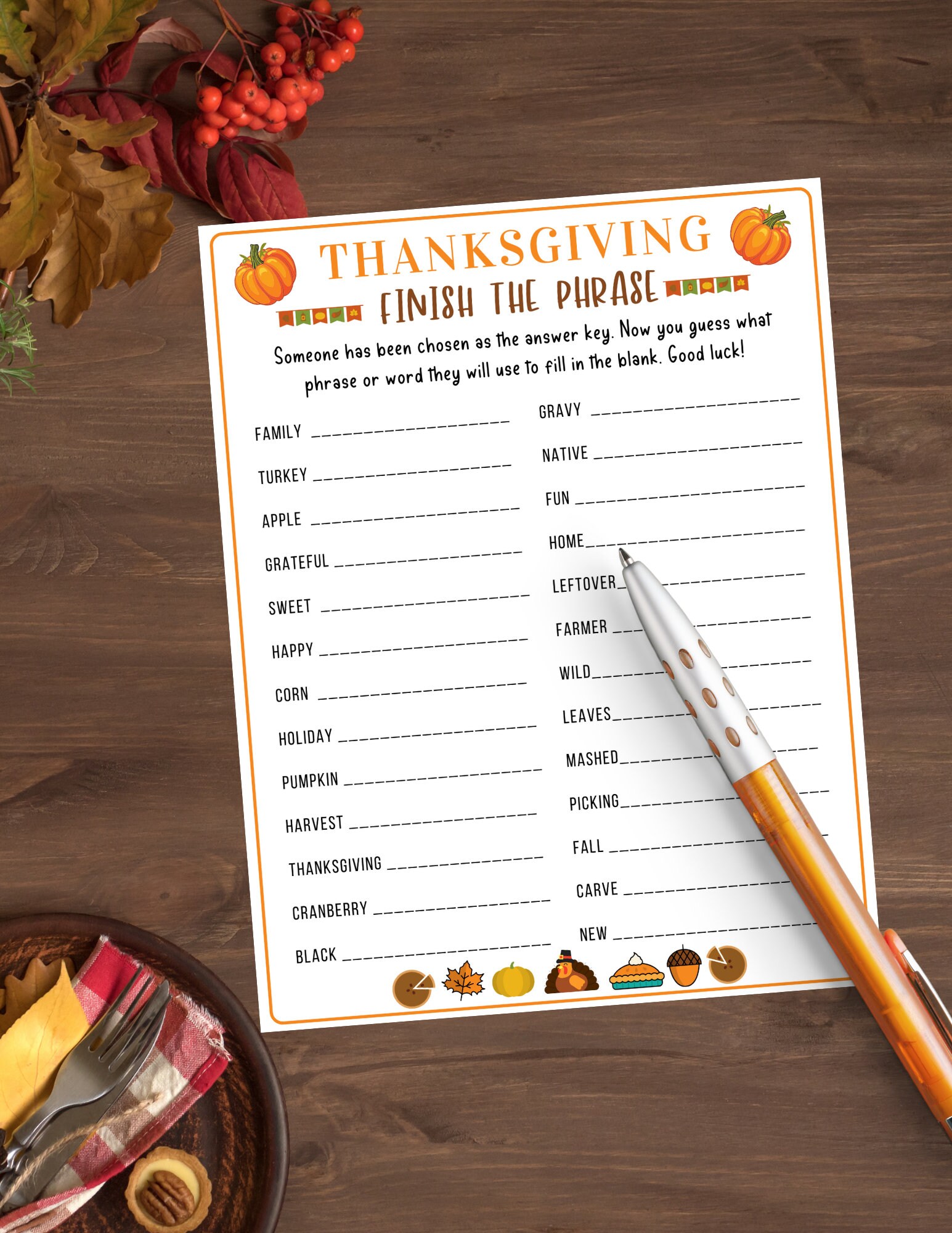 Thanksgiving Party Game Printable Thanksgiving Game for Kids Adults ...